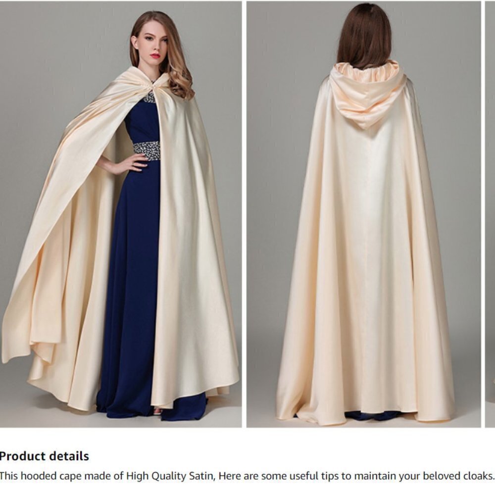 Champagne Gold Satin Long Cloak Hood Cape Costume Dre… - Gem